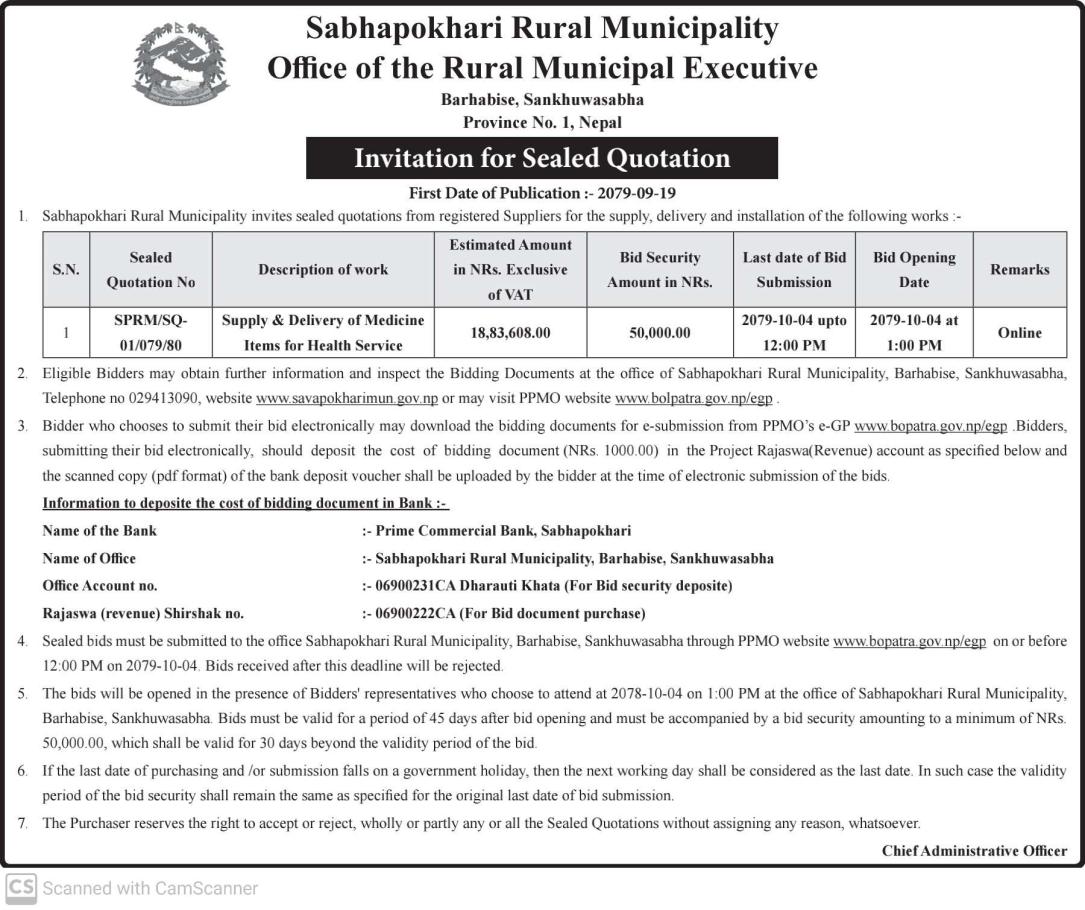 Invitation for Sealed Quotation | सभापोखरी गाउँपालिका, गाउँ ...